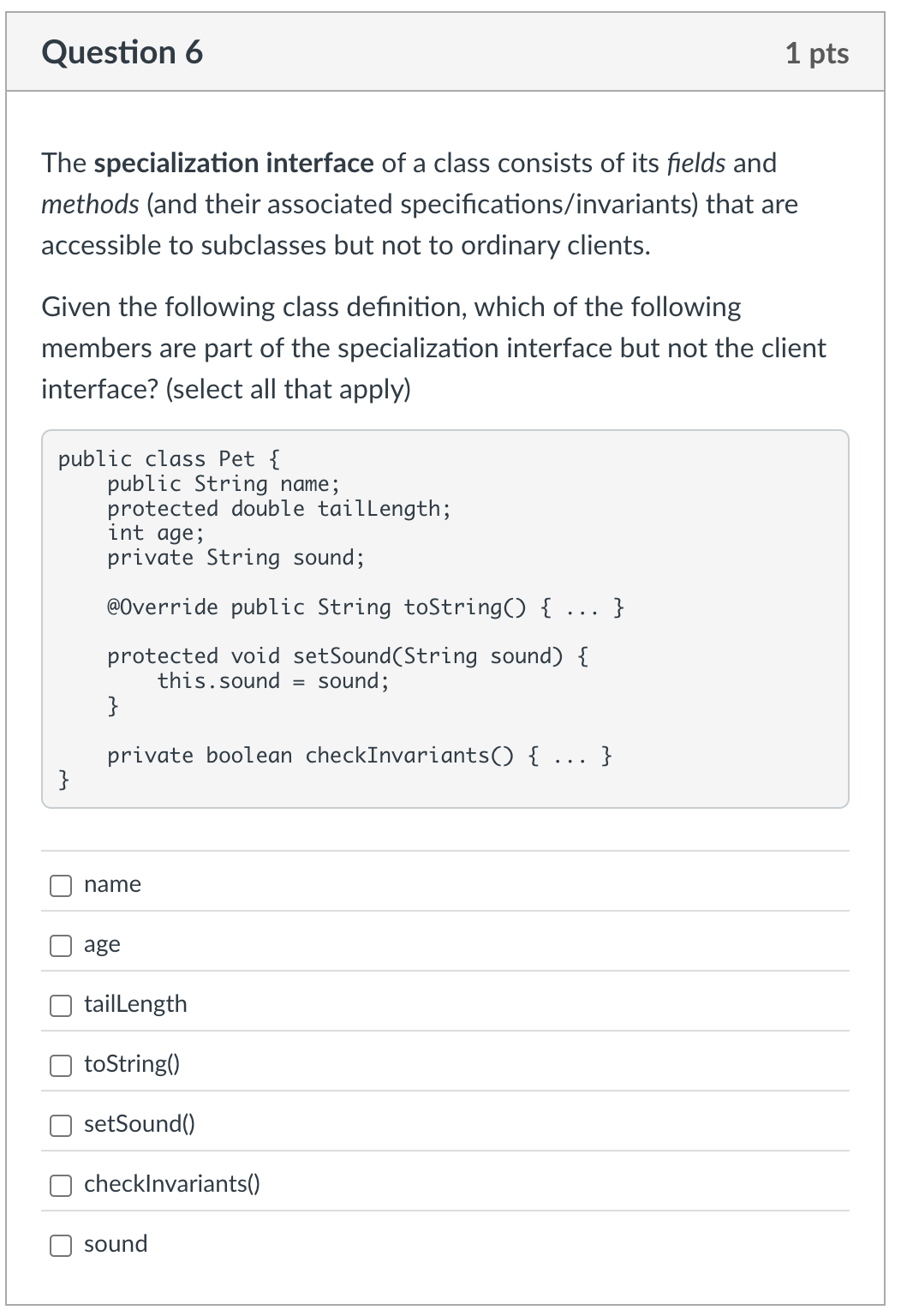 Solved Question 6The specialization interface of a class | Chegg.com