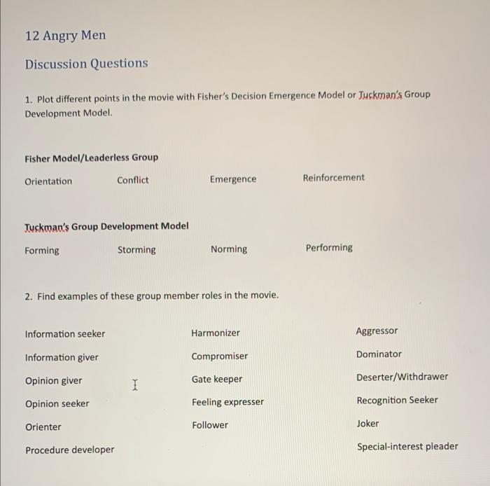 12 Angry Men Discussion Questions 1. Plot different | Chegg.com