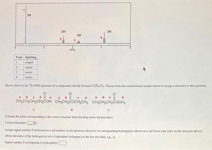 Solved 3H 2H 3H 2H PPM Peak Splitting 1 singlet 2 triplet 3 | Chegg.com