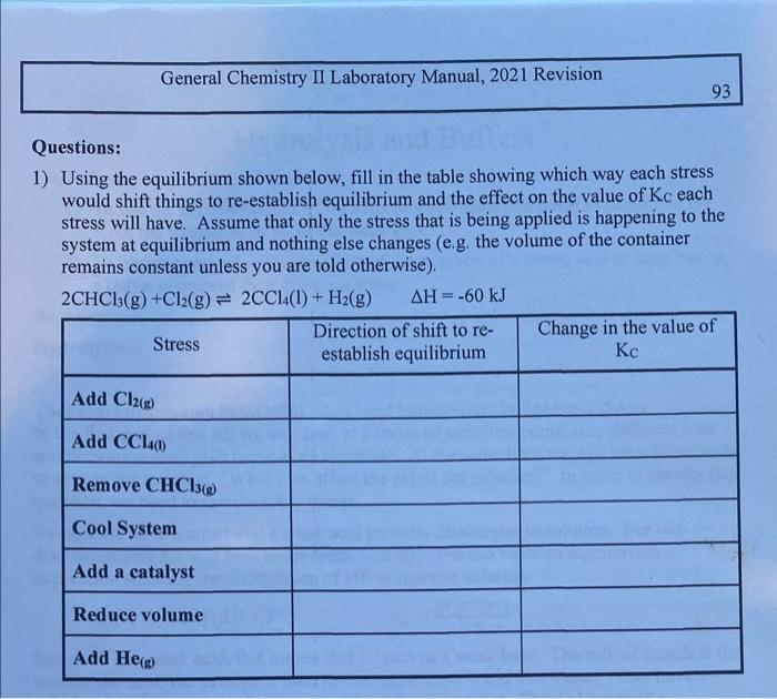 Using the equilibrium shown below, fill in the table | Chegg.com
