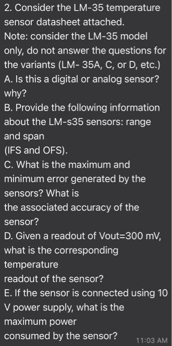 Solved 2. Consider the LM-35 temperature sensor datasheet | Chegg.com