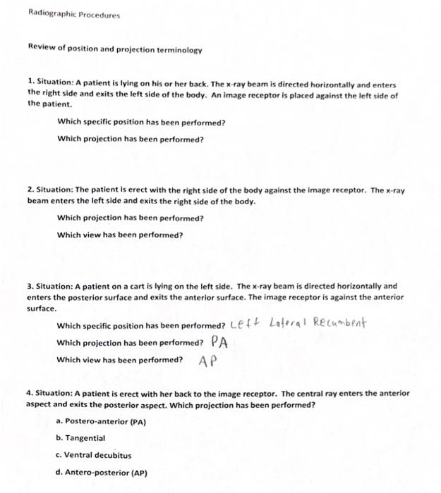 Solved Radiographic Procedures Review of position and | Chegg.com