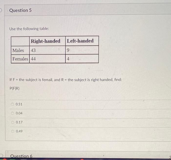 Solved Use the following table: If F= the subject is femail, | Chegg.com
