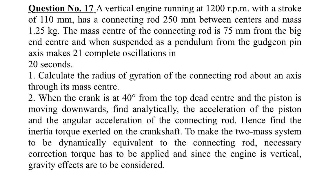 Solved Question No. 17 ﻿A vertical engine running at 1200 | Chegg.com