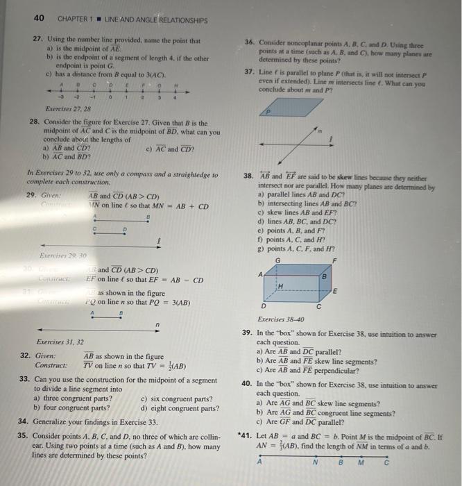 Solved 40 CHAPTER 1 = UNE AND ANGLE RELATIONSHIPS 27. Using | Chegg.com