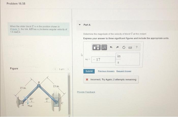 Solved When the slider block C is in the position shown, the | Chegg.com