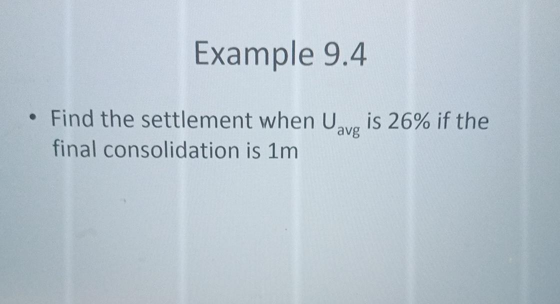 Solved Example 9.4Find the settlement when Uavg ﻿is 26% ﻿if | Chegg.com