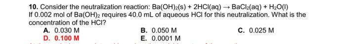 Solved 10. Consider the neutralization reaction: Ba(OH)2( | Chegg.com