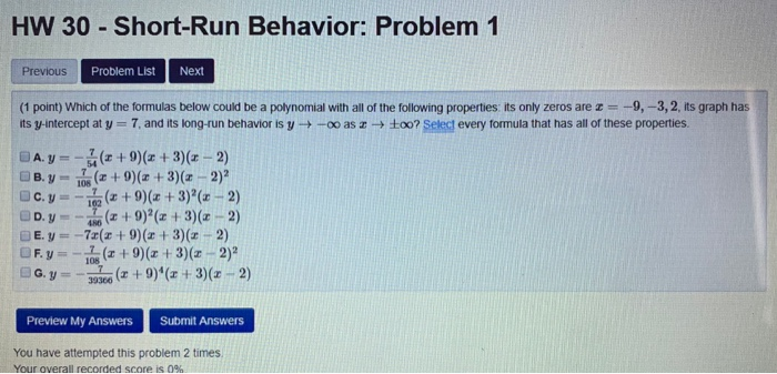 Solved HW 30 - Short-Run Behavior: Problem 1 Previous | Chegg.com