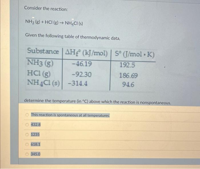 Solved Consider the reaction: NH3( g)+HCl(g)→NH4Cl(s) Given | Chegg.com