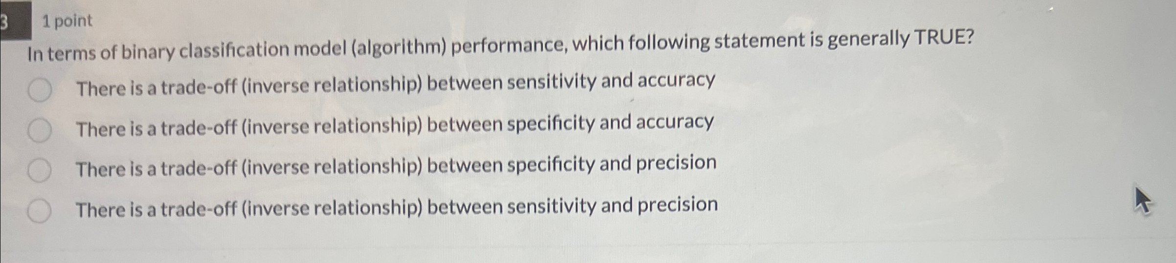 Solved 1 ﻿pointIn terms of binary classification model | Chegg.com