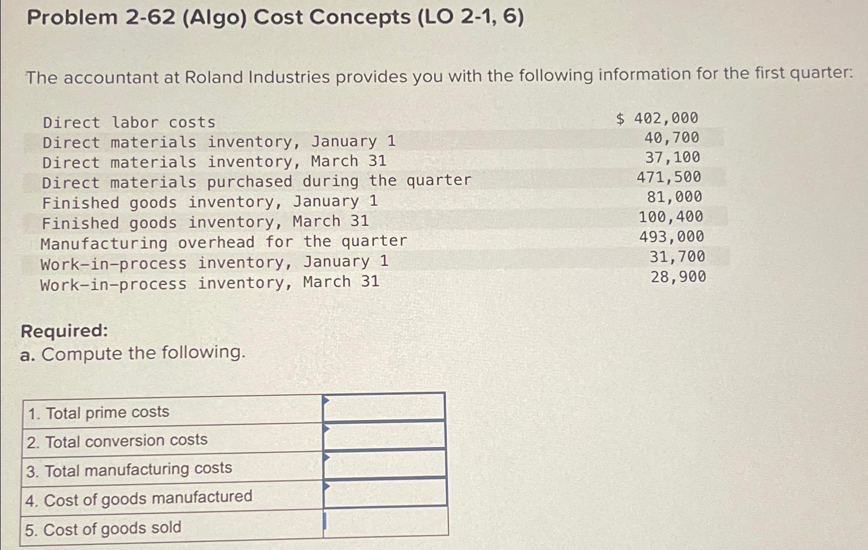 Solved Problem 2-62 (Algo) ﻿Cost Concepts (LO 2-1, 6)The | Chegg.com