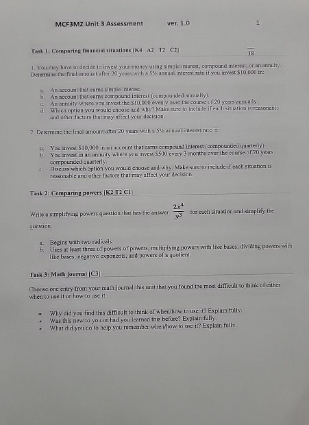 Solved MCF3MZ Unit 3 ﻿Assessmentver. 1.01Task 1: Comparing | Chegg.com