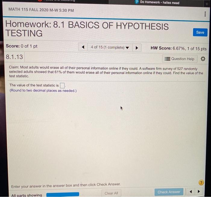 Solved Do Homework - hailee mead MATH 115 FALL 2020 M-W 5:30 | Chegg.com