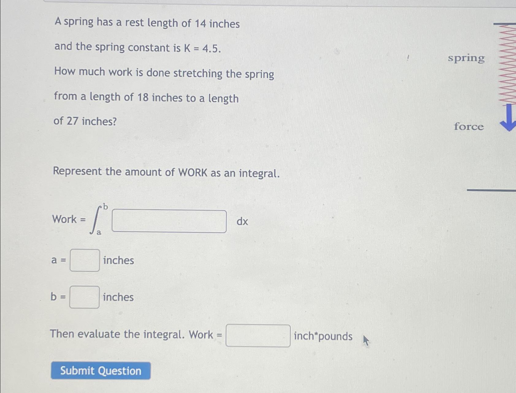 Solved A spring has a rest length of 14 ﻿inches and the | Chegg.com