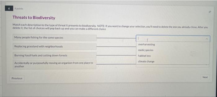 Solved 6 Threats to Biodiversity Match each description to | Chegg.com