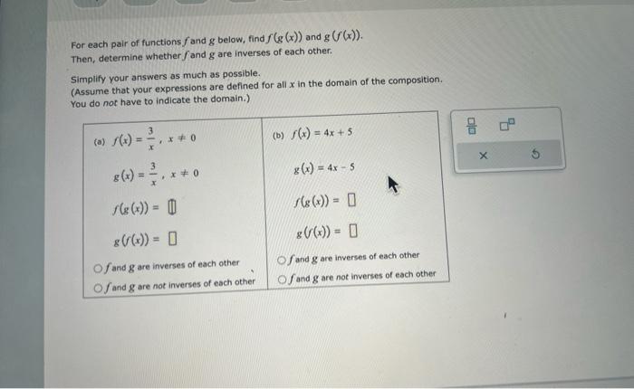Solved For each pair of functions f and g below, find | Chegg.com