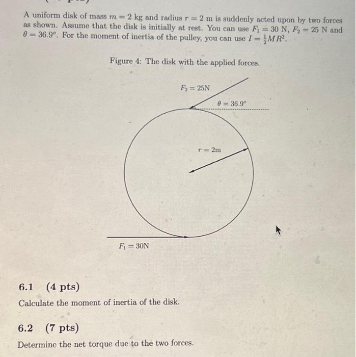 Solved A uniform disk of mass m=2 kg and radius r=2 m is | Chegg.com