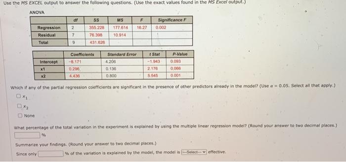 Solved Use the MS EXCEL output to answer the following | Chegg.com