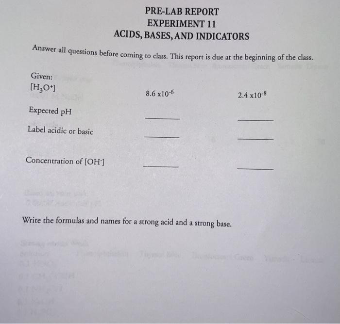 Solved PRE-LAB REPORT EXPERIMENT 11 ACIDS, BASES, AND | Chegg.com