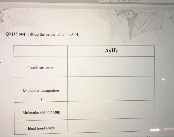 Solved Q2 [15 pts: Fill-up the below table for AsH3. AsH3 | Chegg.com