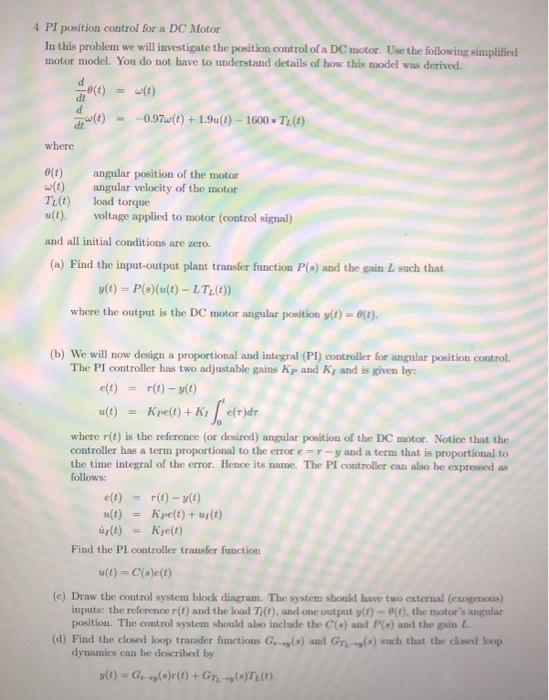 Solved 4 PI position control for a DC Motor In this problem | Chegg.com