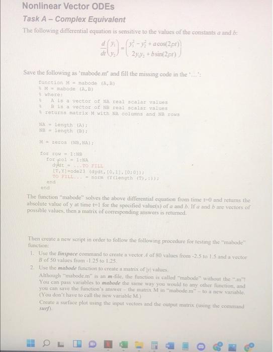Solved Nonlinear Vector ODES Task A - Complex Equivalent The | Chegg.com