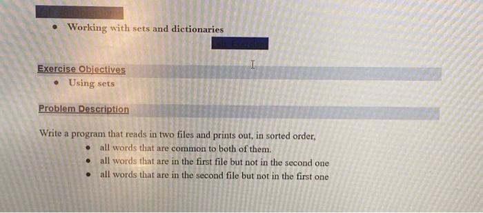 Solved Working with sets and dictionaries I Exercise | Chegg.com