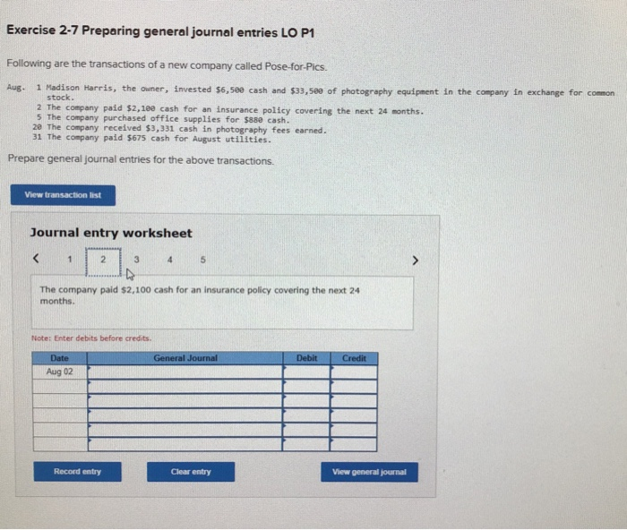 Solved Exercise 2-7 Preparing general journal entries LO P1 | Chegg.com