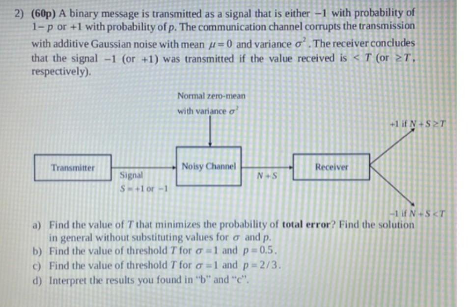 Solved 2) (60p) A binary message is transmitted as a signal | Chegg.com