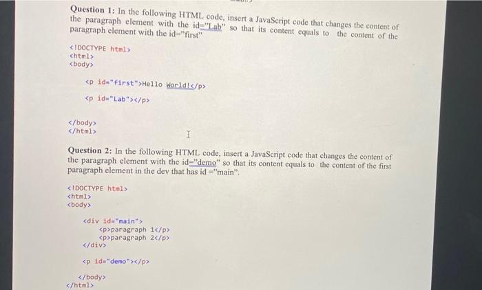 Solved Question 1: In the following HTML code, insert a | Chegg.com