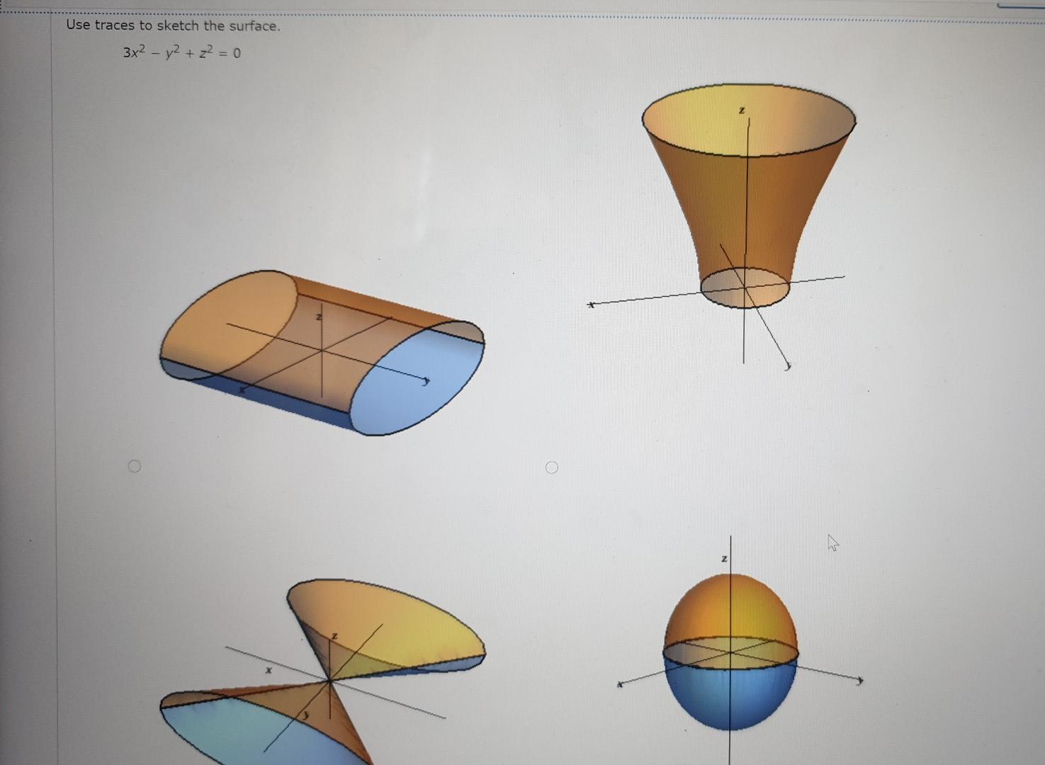 Solved Use traces to sketch the surface. 3x2 - y2 + z² = 0 | Chegg.com
