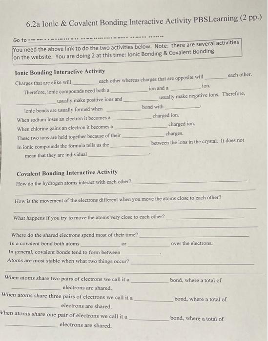 Solved 6.2a Ionic & Covalent Bonding Interactive Activity | Chegg.com