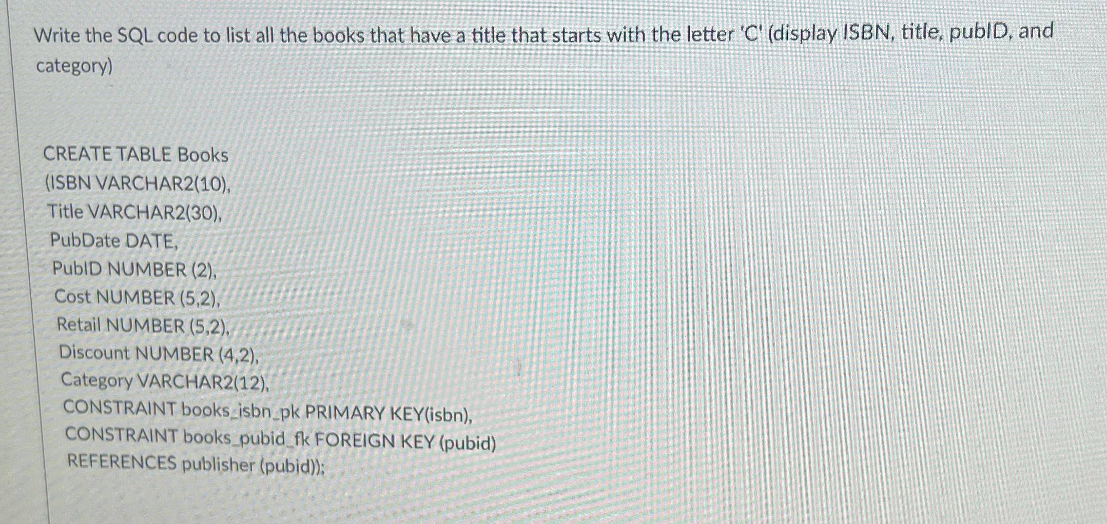 Solved Write the SQL code to list all the books that have a | Chegg.com