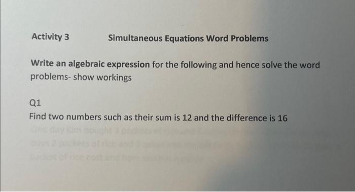 Solved Activity 3 Simultaneous Equations Word Problems Write | Chegg.com