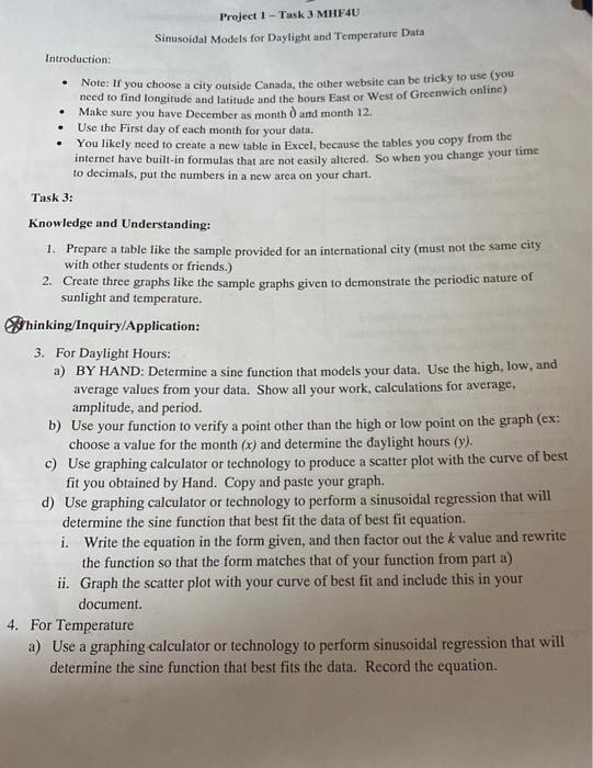Solved Project 1 - Task 3 MHF4U Sinusoidal Models for | Chegg.com