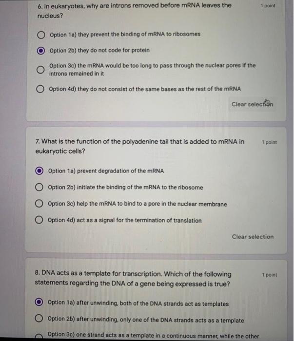Solved 1 point 6. In eukaryotes, why are introns removed | Chegg.com