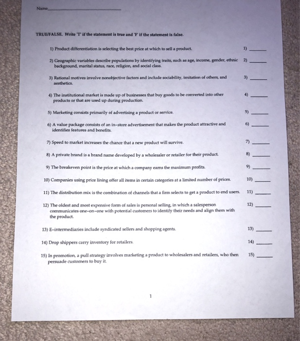 Solved TRUE FALSE. Write Tif the statement is true and if | Chegg.com
