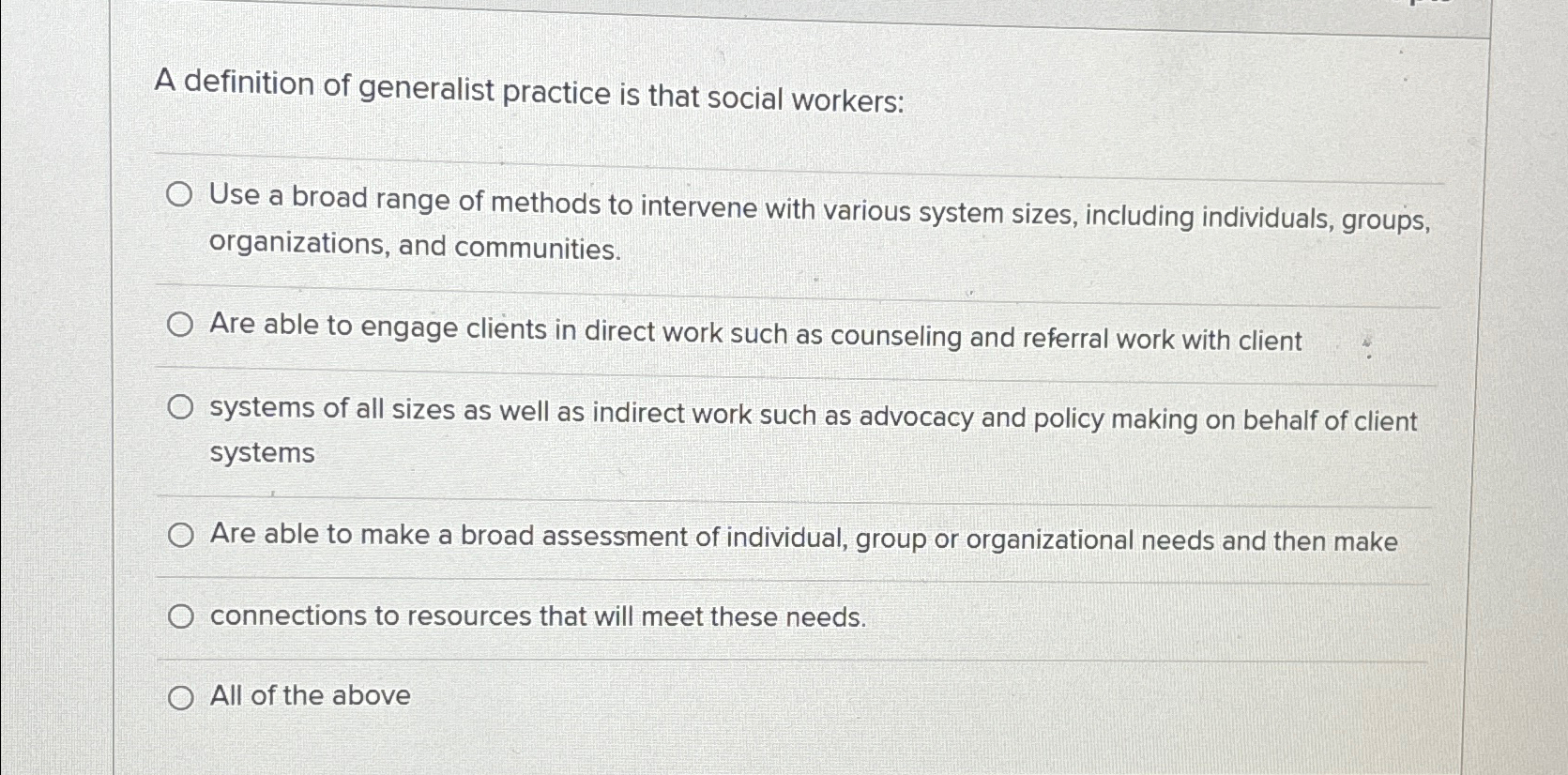 Solved A definition of generalist practice is that social | Chegg.com