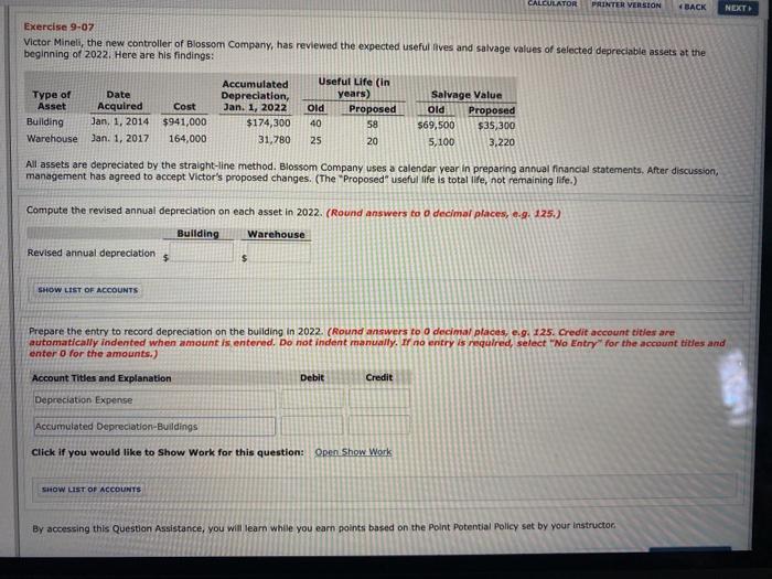 Solved CALCULATOR PRINTER VERSION BACK NEXT Exercise 9-07 | Chegg.com