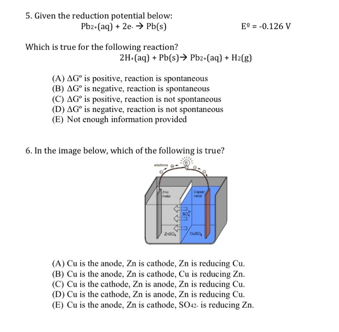 Solved 5. Given the reduction potential below: Pb2+(aq) + | Chegg.com