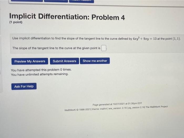 Solved Implicit Differentiation: Problem 4 (1 point) Use | Chegg.com