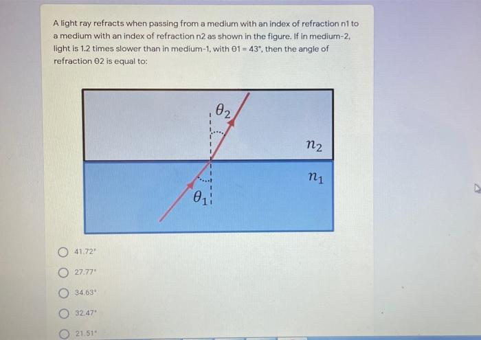 Solved A light ray refracts when passing from a medium with | Chegg.com