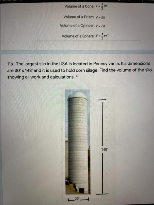 Solved Volume of a Cone: - Volume of a Prism: V-Bh Volume of | Chegg.com