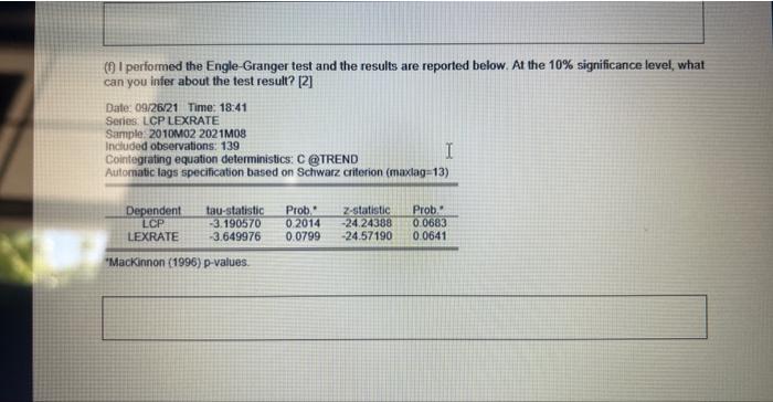 Solved (f) I performed the Engle-Granger test and the | Chegg.com
