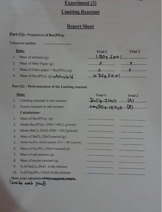 Solved Experiment (3) Limiting Reactant Report Sheet Part | Chegg.com