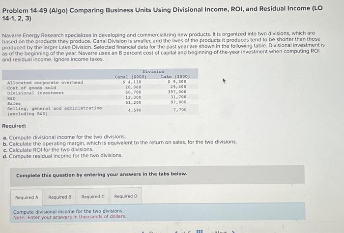 Problem 14-49 (Algo) Comparing Business Units Using | Chegg.com