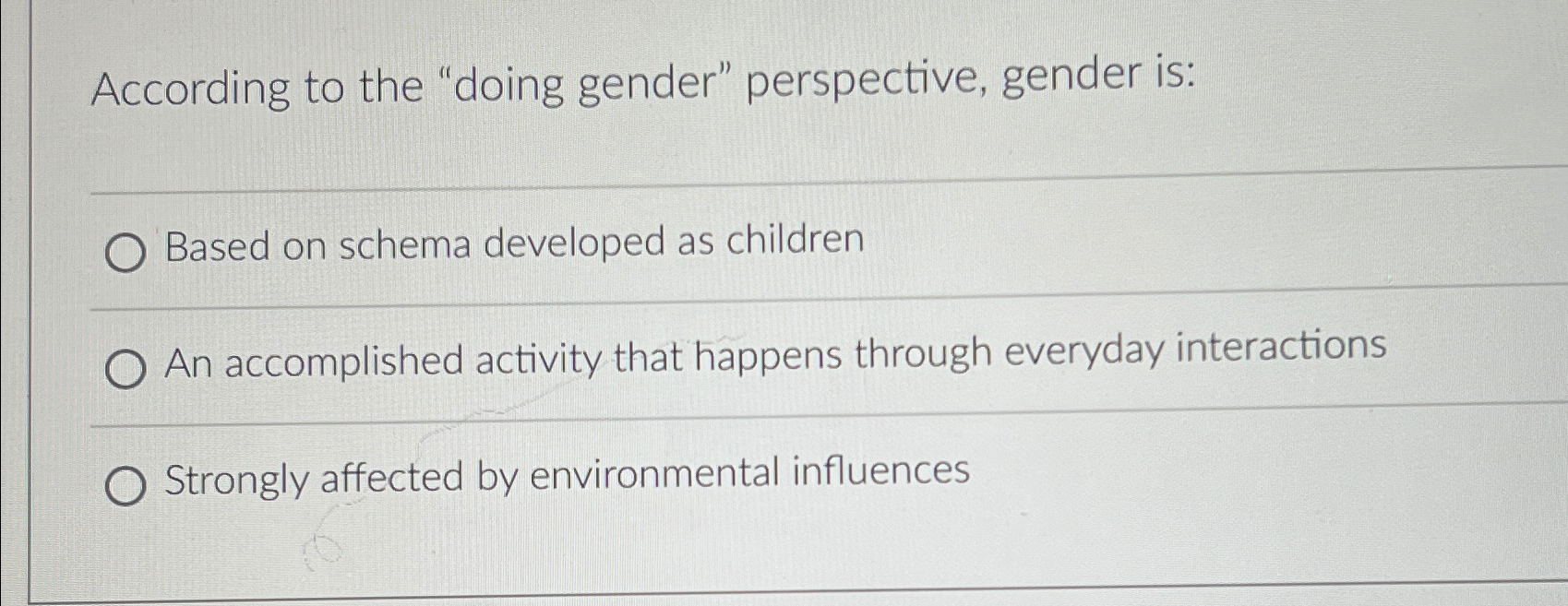 Solved According to the "doing gender" perspective, gender | Chegg.com