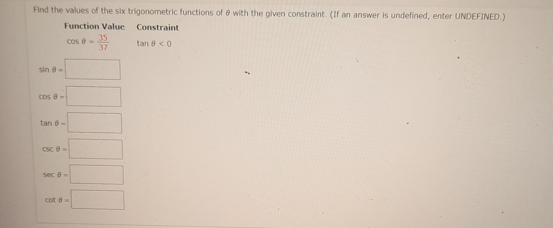 Solved Find the values of the six trigonometric functions of | Chegg.com