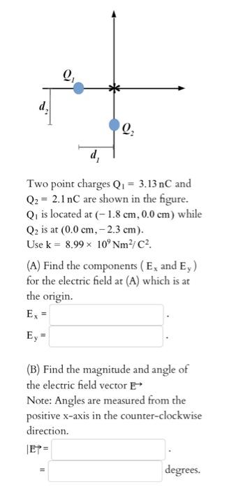 Solved Two point charges Q1=3.13nC and Q2=2.1nC are shown in | Chegg.com